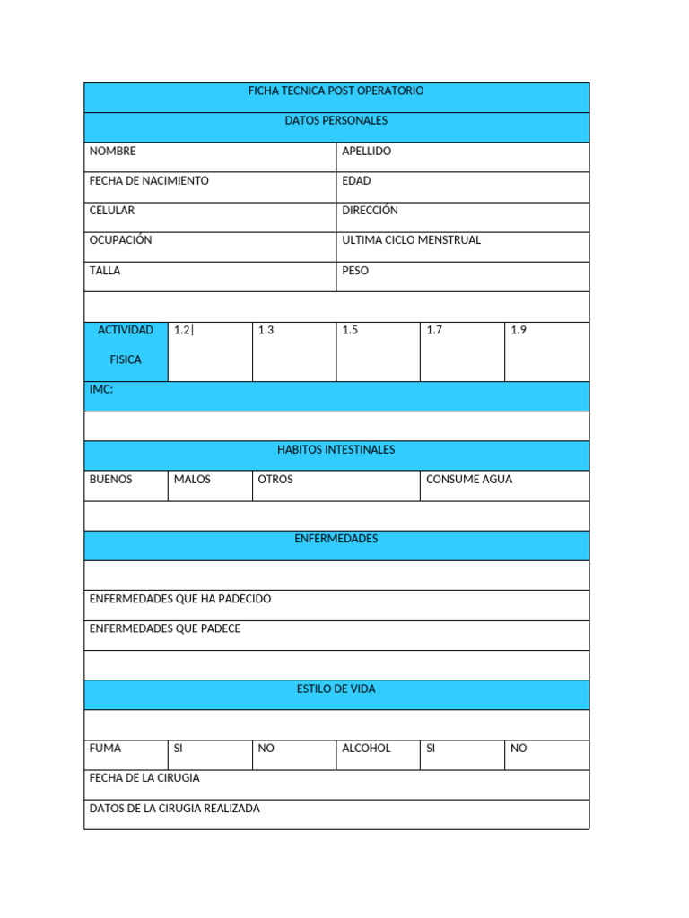 Ficha Tecnica Post Operatorio | PDF | Medicina | Salud y bienestar