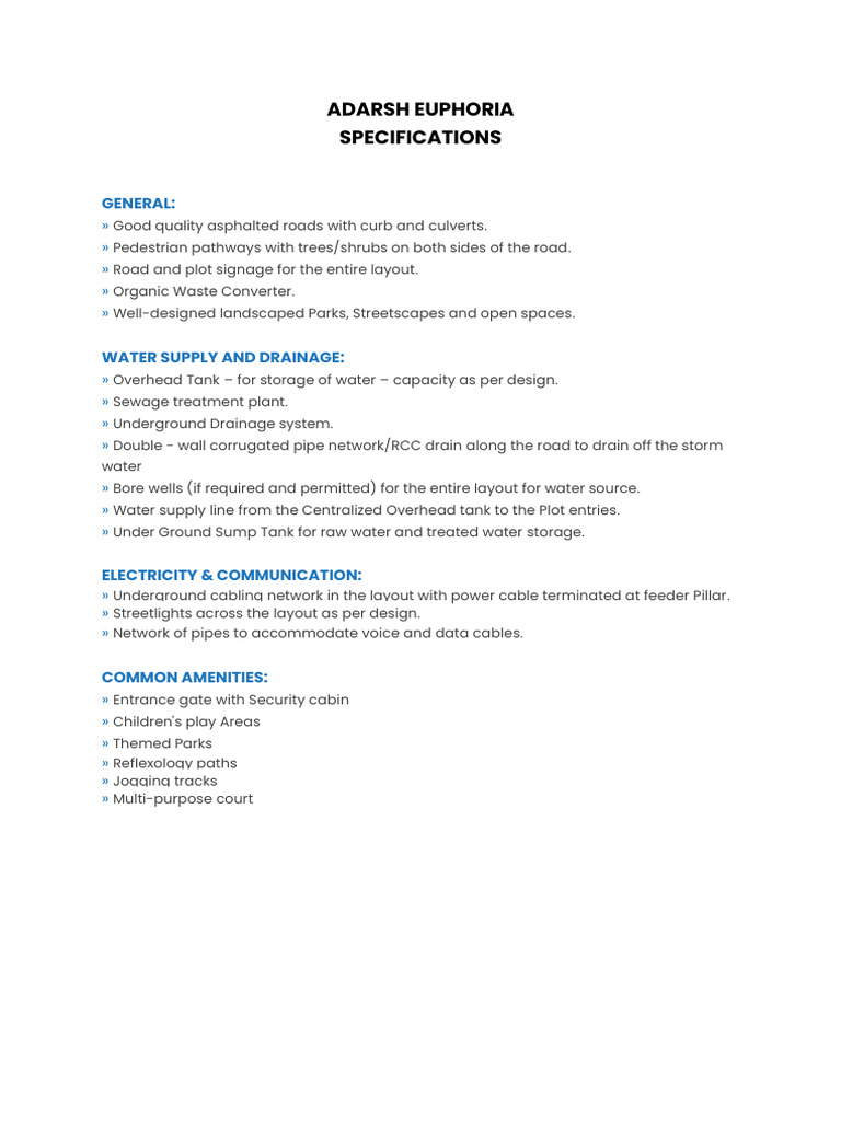 Adarsh Euphoria Specifications | PDF