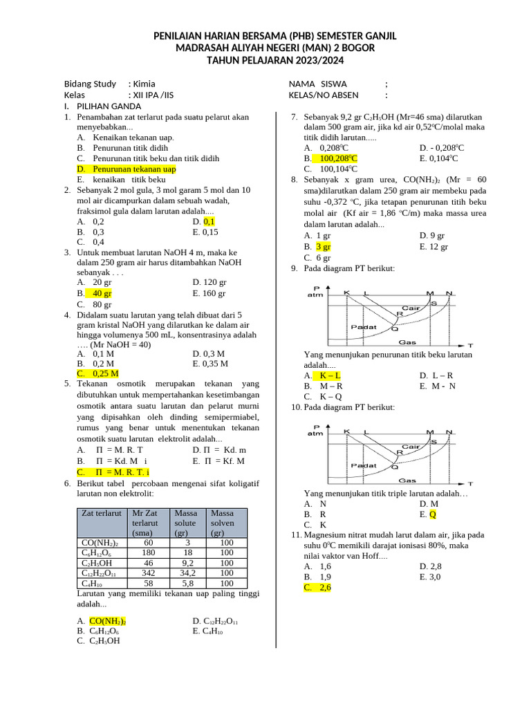 A Soal + Kunci PHB Xii 2324-Kimia | PDF