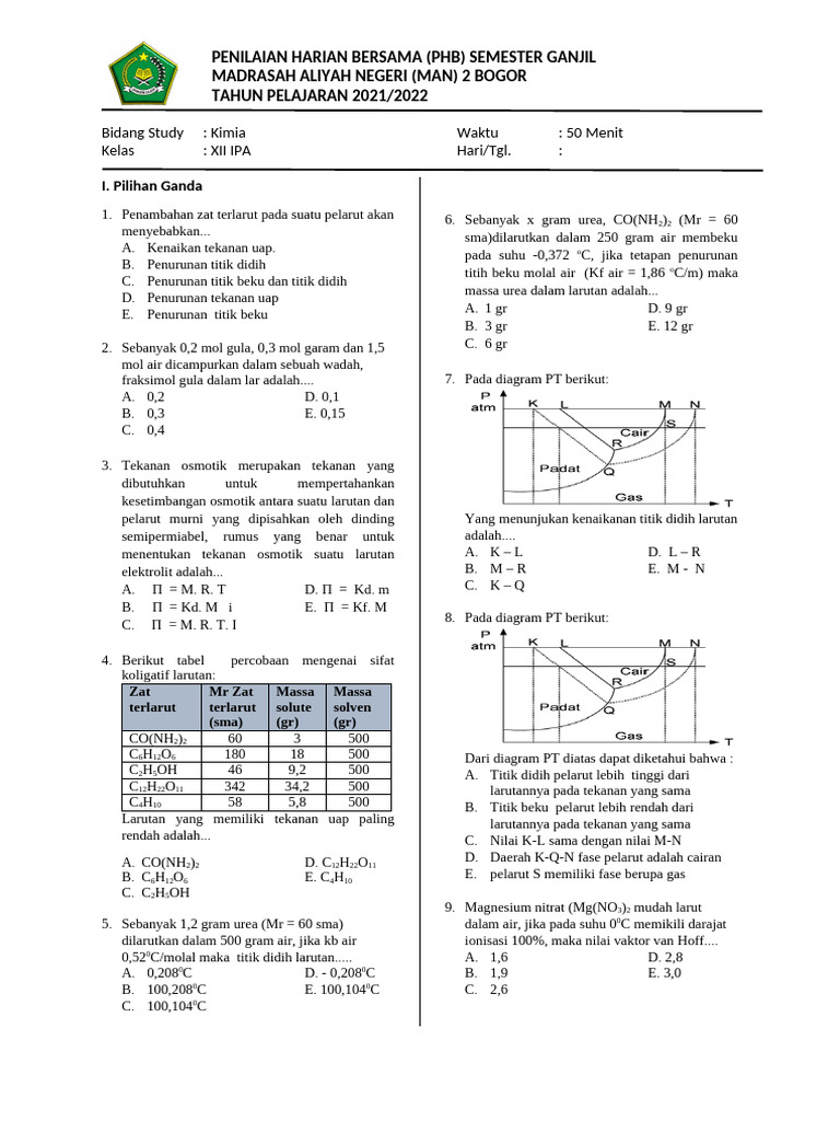 Soal PHB Xii Ganjil Kimia | PDF | Teaching Methods & Materials | Science & Mathematics