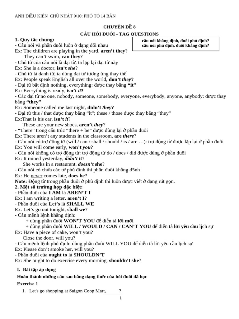 Chuyên Đề 8 Tag Questions - bt | PDF