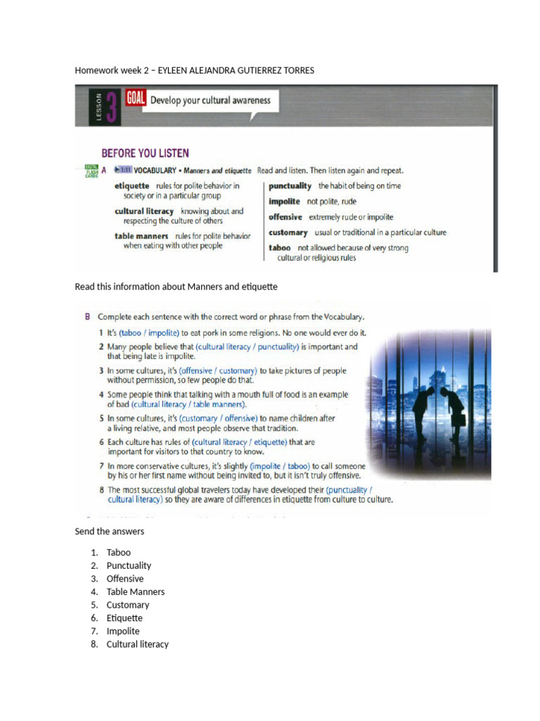 Homework week 2 Manners and etiquette | PDF