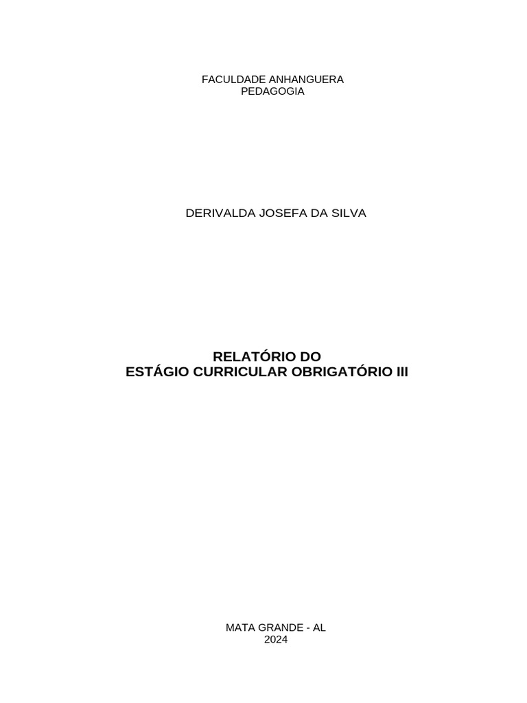 Derivalda Josefa Da Silva: Relatório Do Estágio Curricular Obrigatório ...