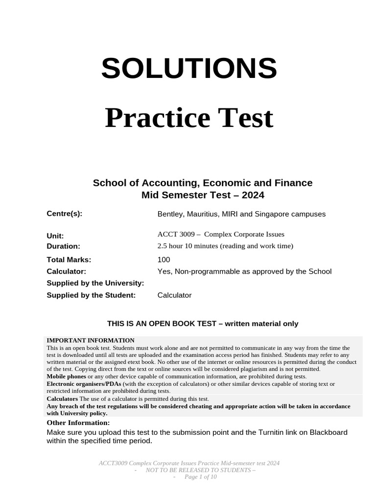 ACCT 3009 Practice MST 2024 Solutions | PDF