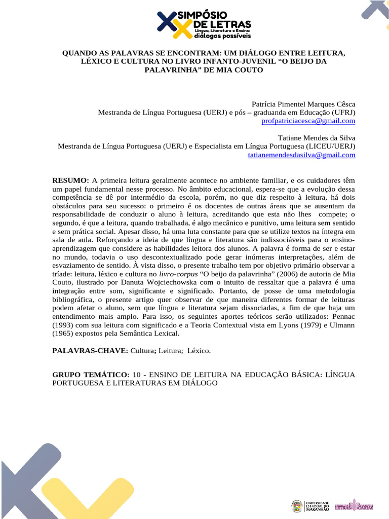 Resumo XX Simpósio de Letras - Tatiane | PDF | Artes del Lenguaje y ...