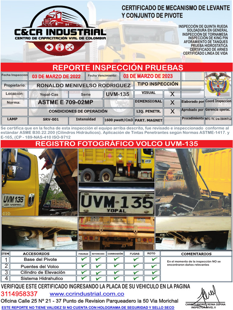 Certificado de Inspección Hidráulica UVM-135 | PDF | Vehículos