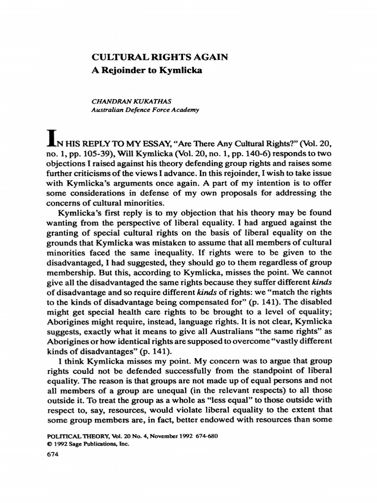 Kukathas 1992 Cultural Rights Again A Rejoinder To Kymlicka | PDF