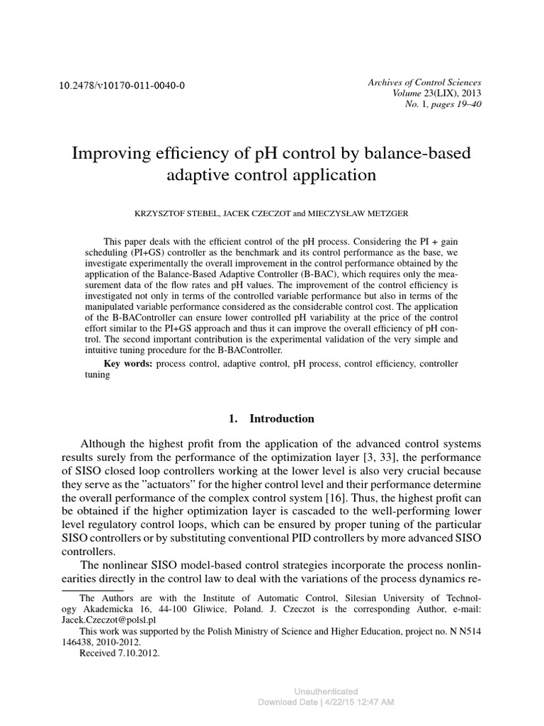 Improving Efficiency Of Ph Control By Balance Based Adaptive Control