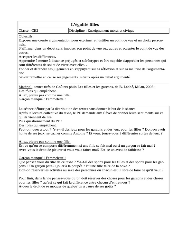 Égalité Filles-Garçons en CE2 | PDF