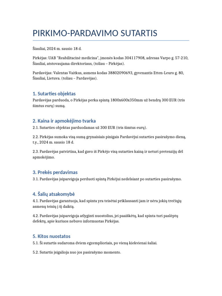 Pirkimo Pardavimo Sutartis Atnaujinta | PDF