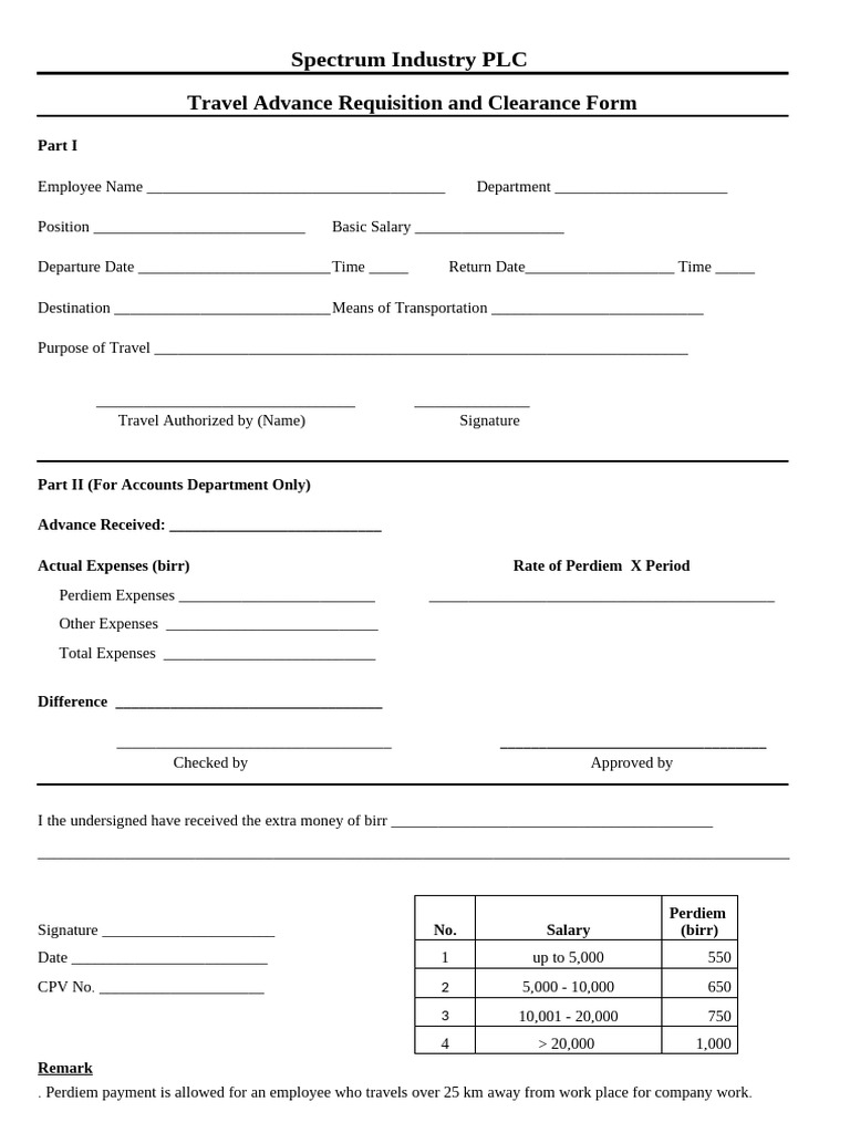 Travel Advance Requisition and Clearance Form | PDF | Business ...