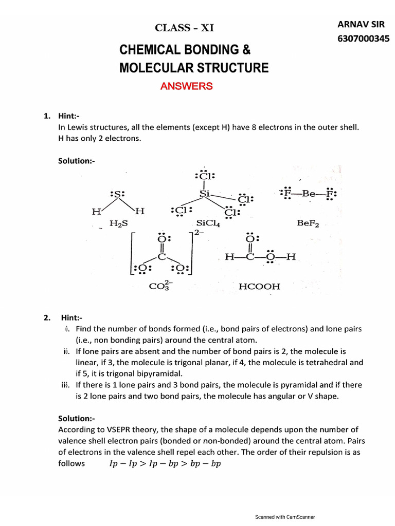 Chemical Bonding & Molecular Structure (Class 11) Answers(1) | PDF
