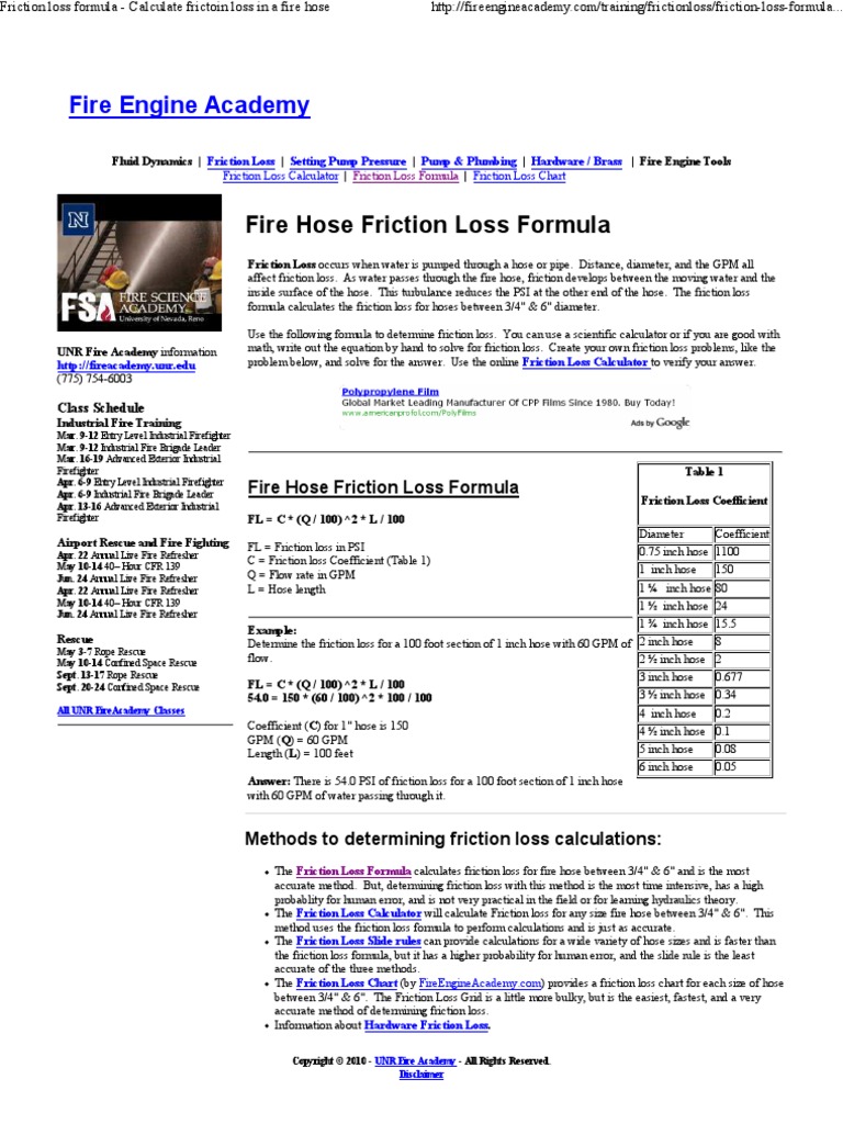 Friction Loss Formula - Calculate Frictoin Loss in A Fire Hose | PDF ...