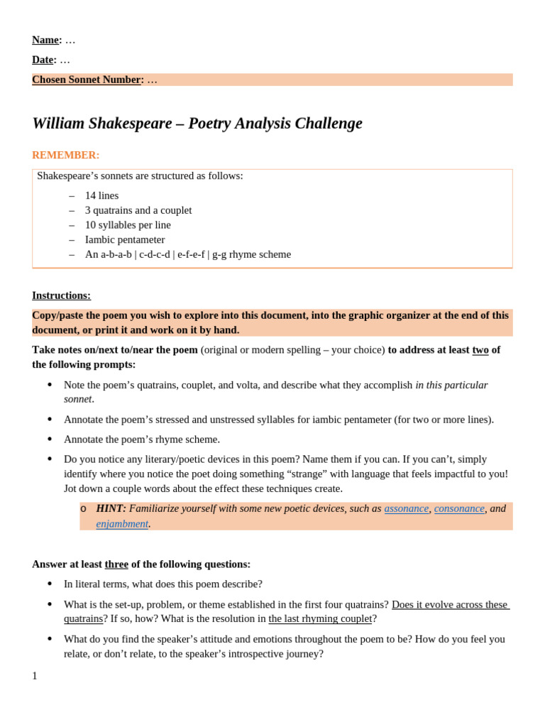 Annotate a Shakespearean Sonnet Poem Prompts Annotation Area | PDF