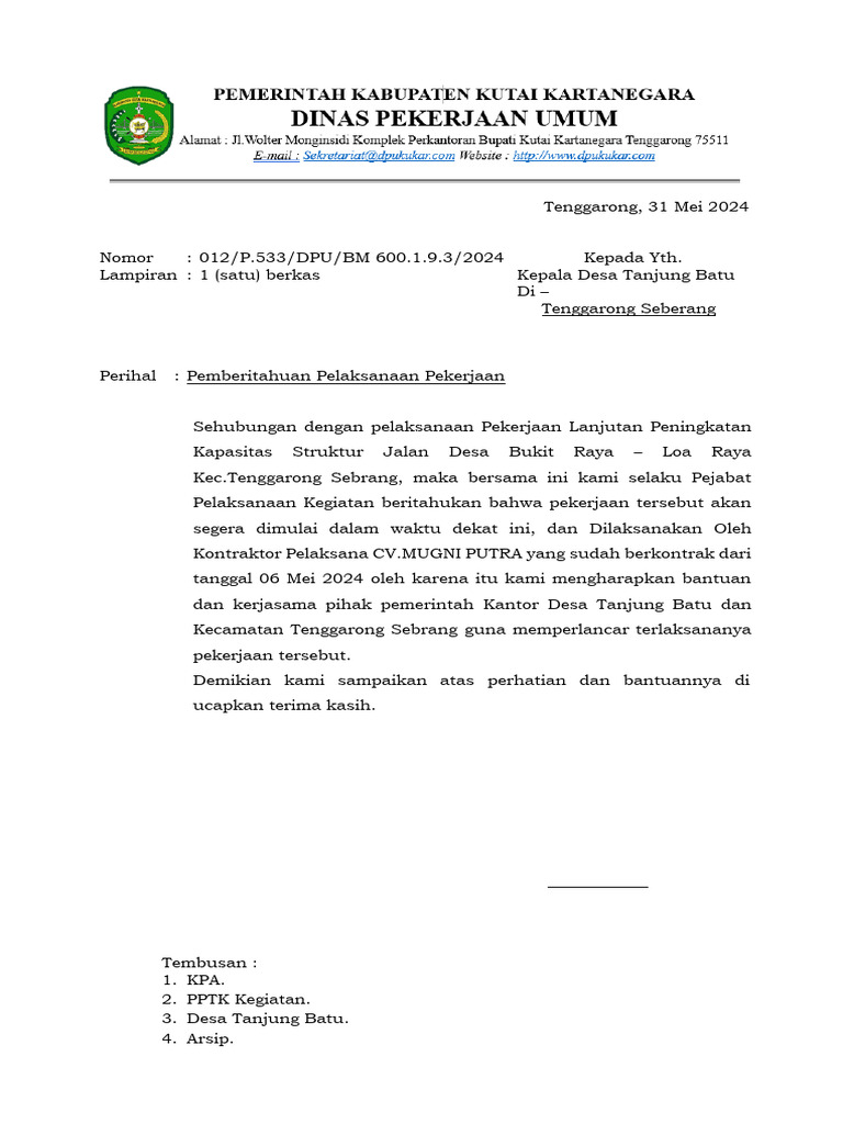 Surat Pemberitahuan Pekerjaan Loa Raya | PDF