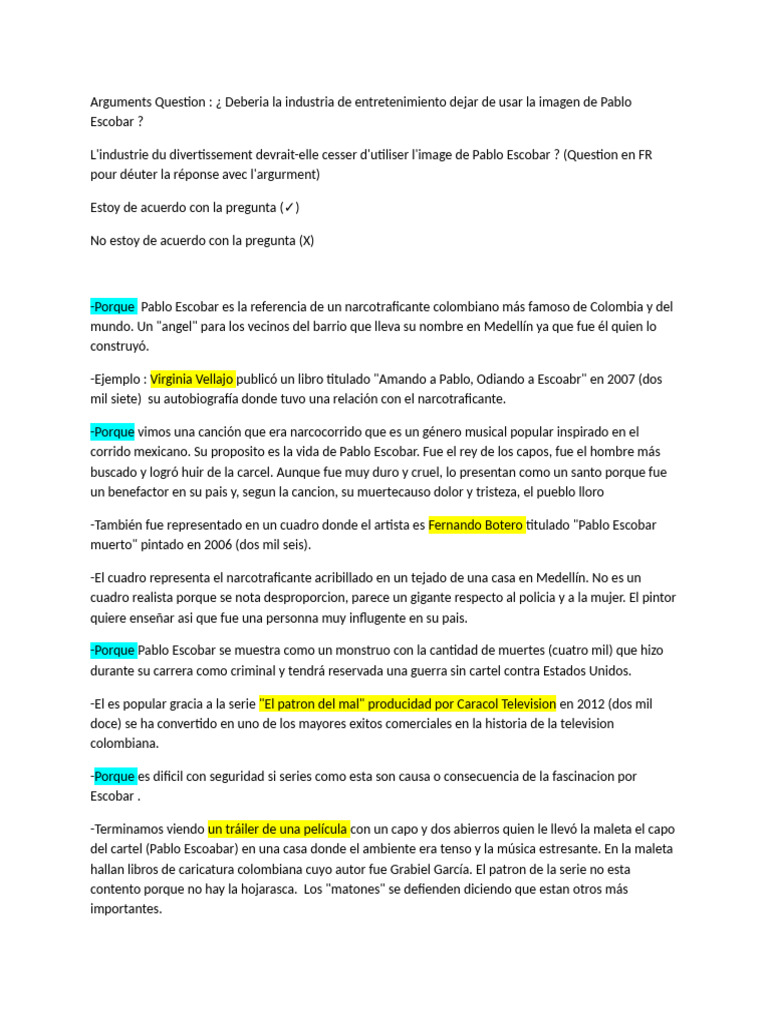 Projet Final Espagnol Débat Pablo Escobar | PDF