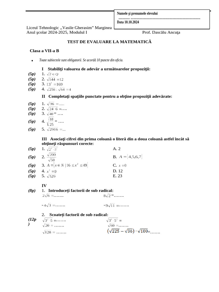 Test Scoaterea Si Introducerea Factorilor Sub Radical | PDF