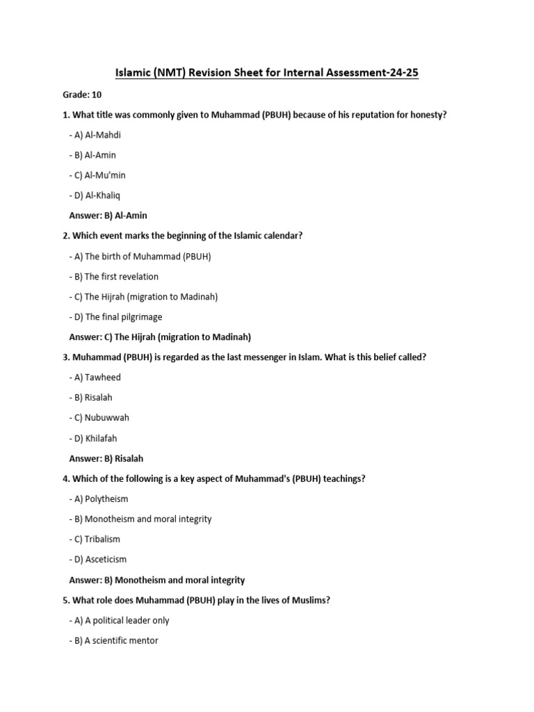 G-10-Islamic Revision-Internal Assessment | PDF