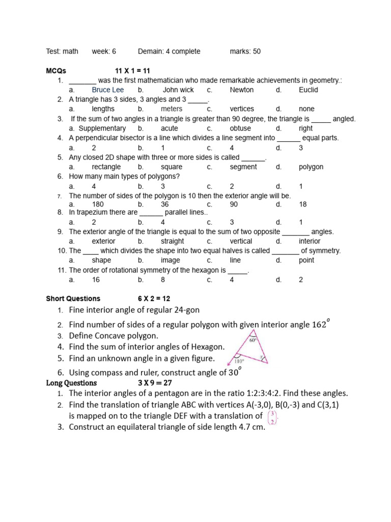 Test - Math - Week - 6 - Demain - 4 Complete | PDF