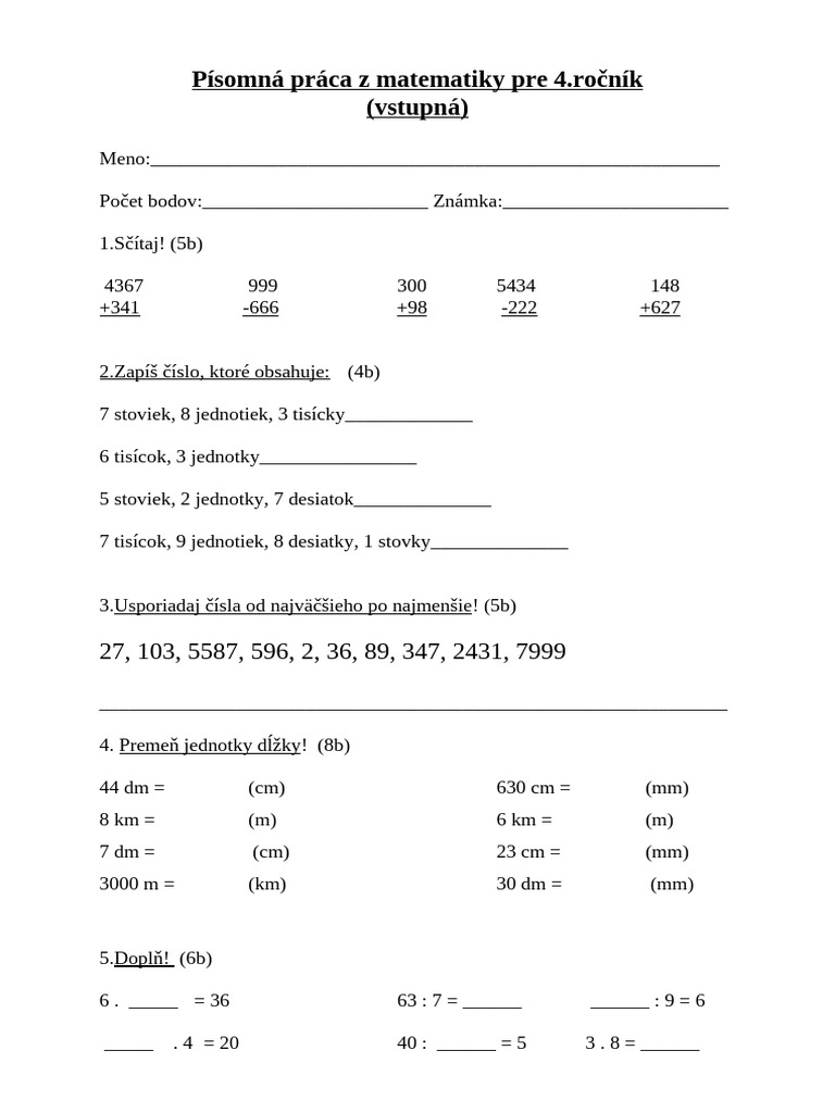 Vstupný Test Z Matematiky Pre 4.ročník | PDF