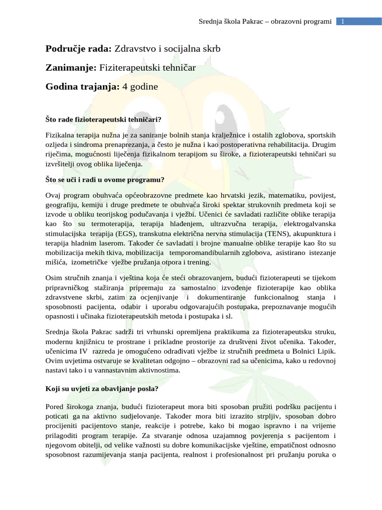 Fizioterapeutski Tehnicar | PDF