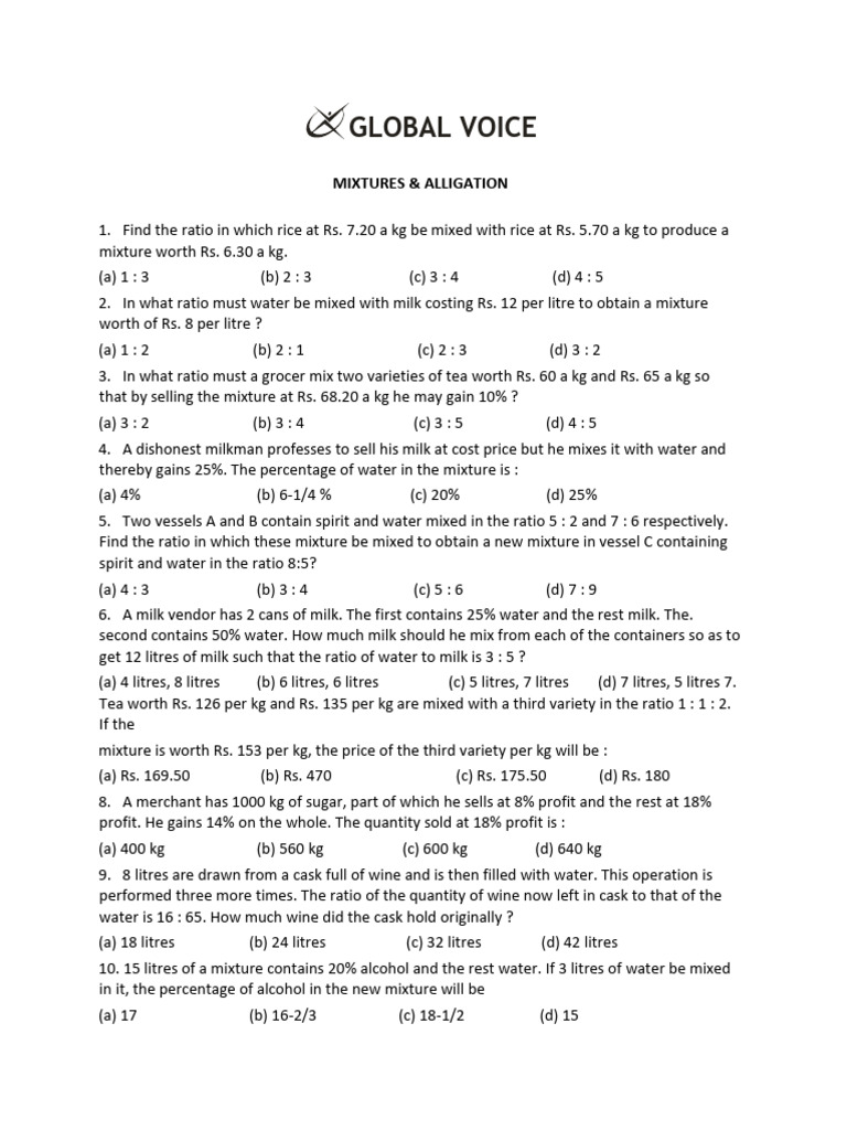 Mixtures and Alligation Test | PDF