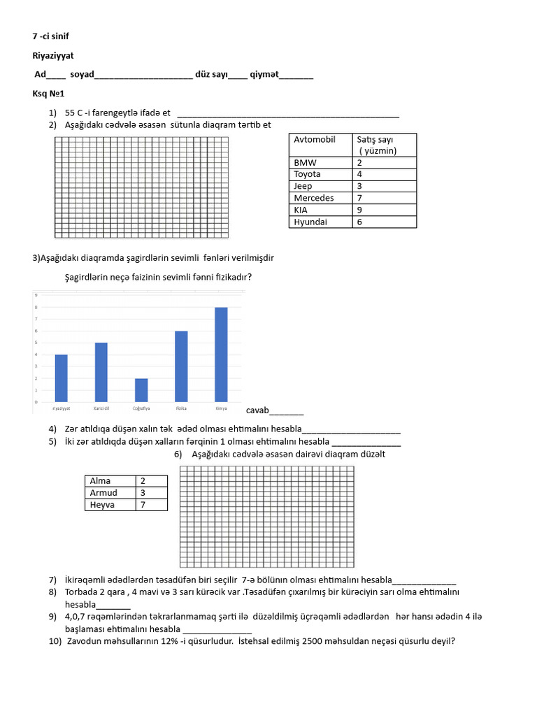 7 - Ci Sinif Riyaziyyat Ad - Soyad - Düz Sayı - Qiymət - KSQ 1 | PDF