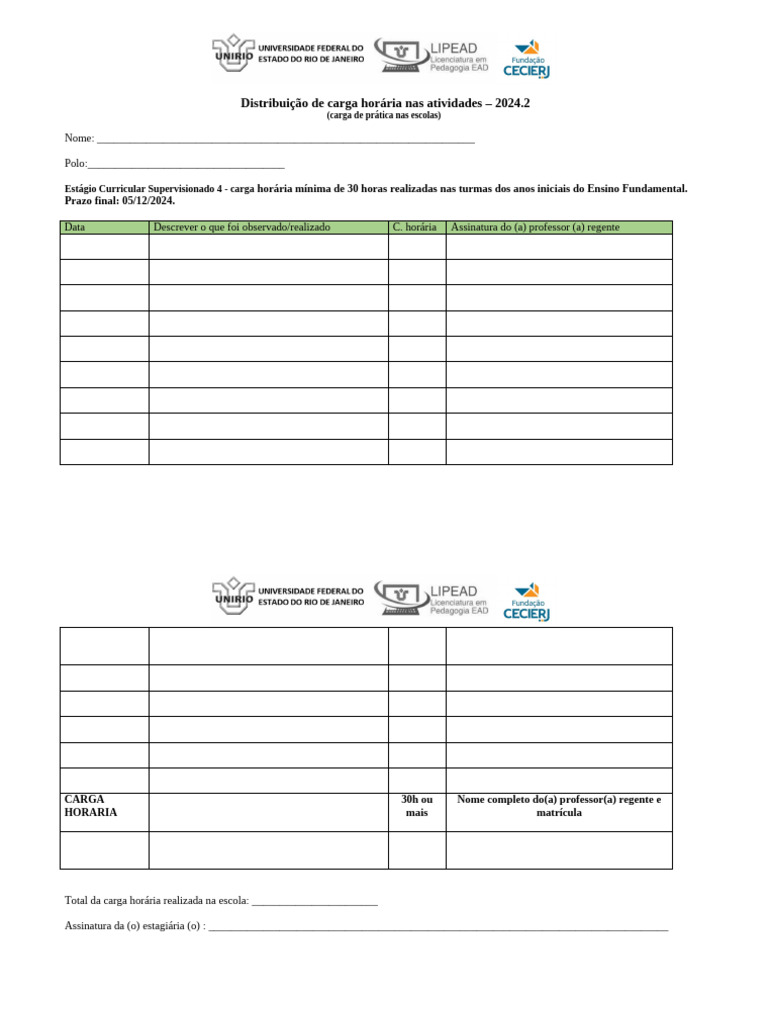 Distribuição De Carga Horária Presencial 2024 2 Pdf