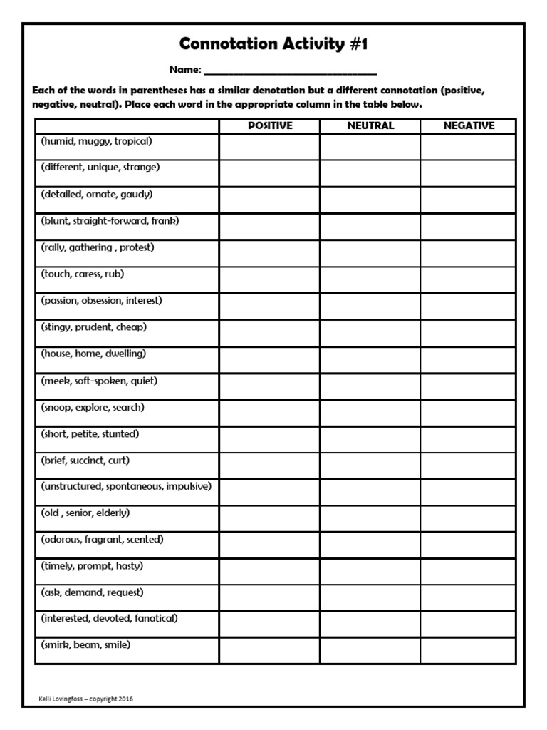 Connotationand Denotation Worksheets 3 | PDF