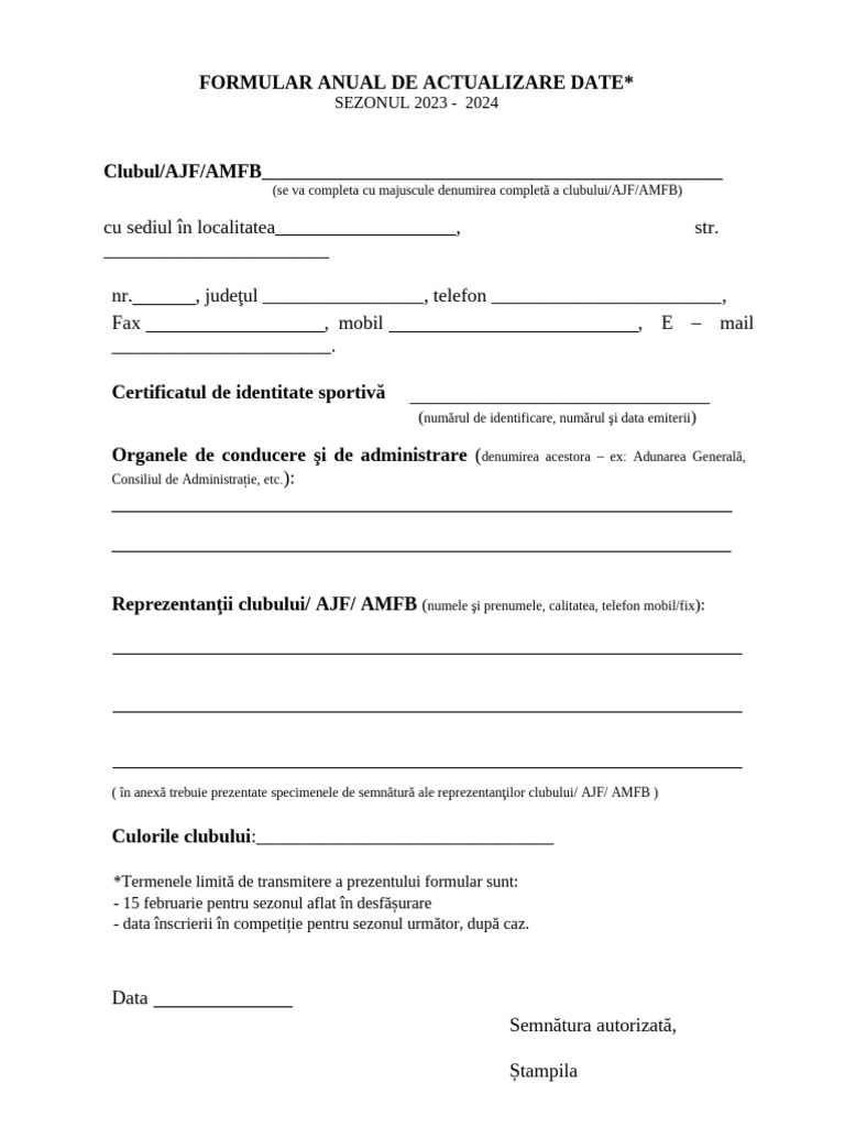 Formular Actualizare Date Cluburi 2022 2023 | PDF