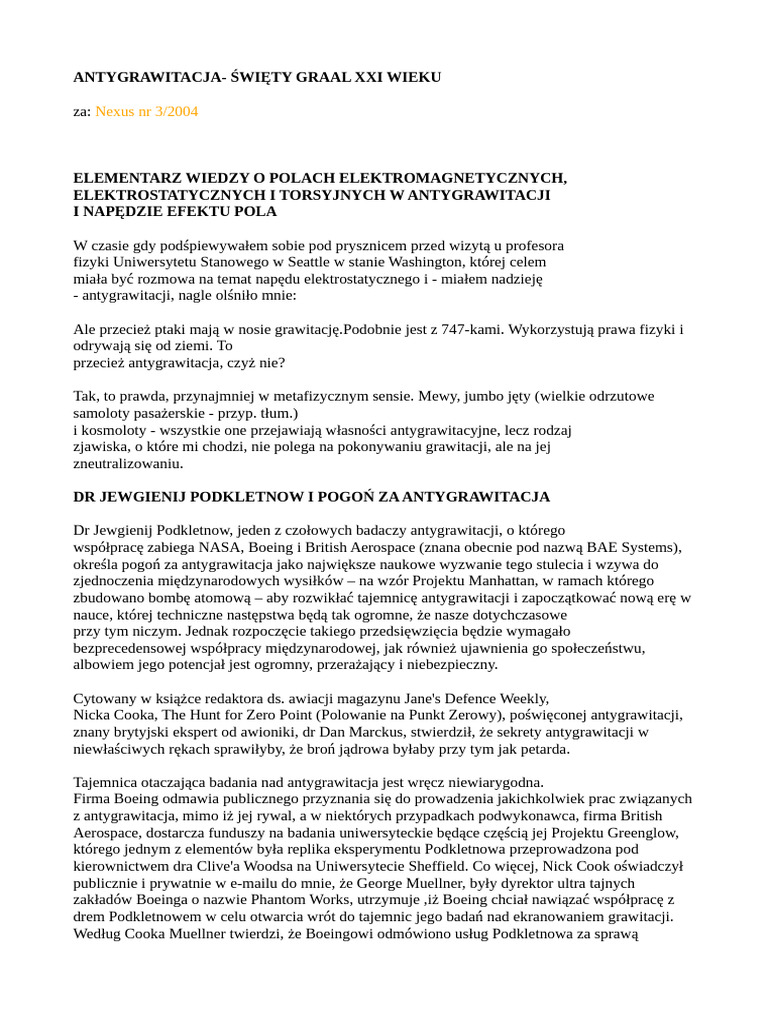 Anty Grawitacja ŚW Graal XXI W Nexus | PDF