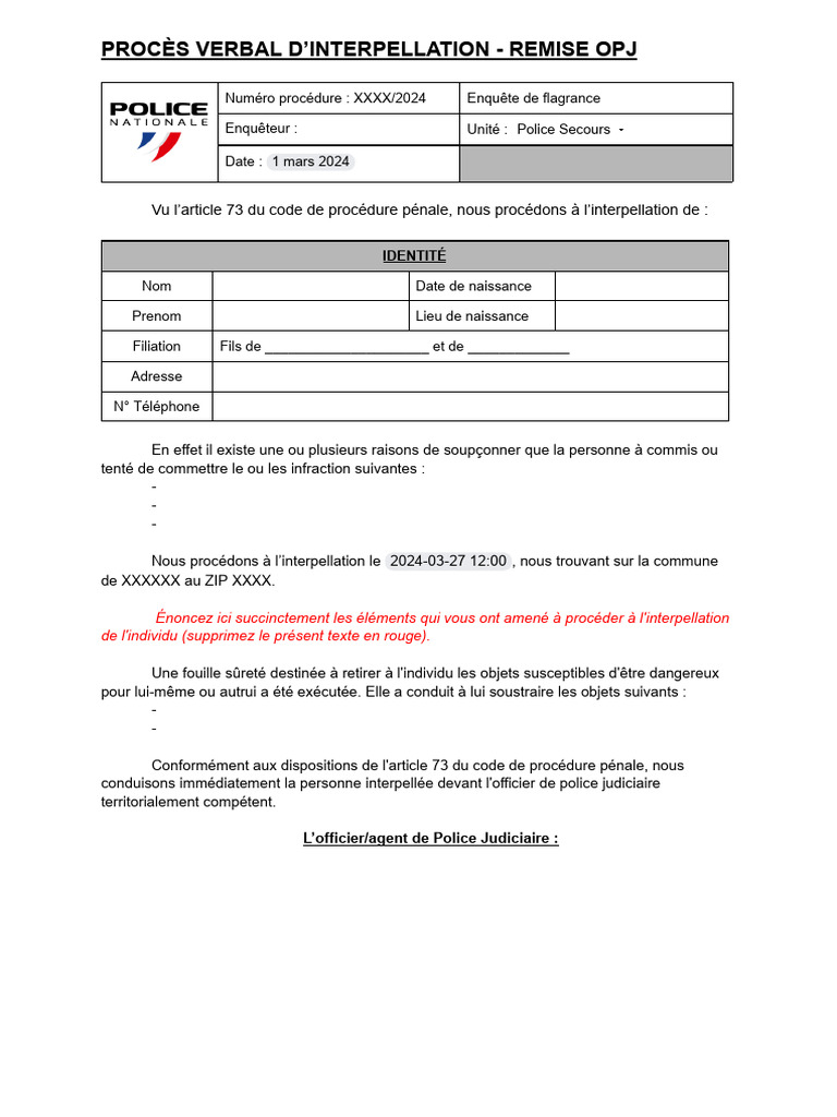 Procès Verbal D'interpellation - Remise Opj - PN | PDF