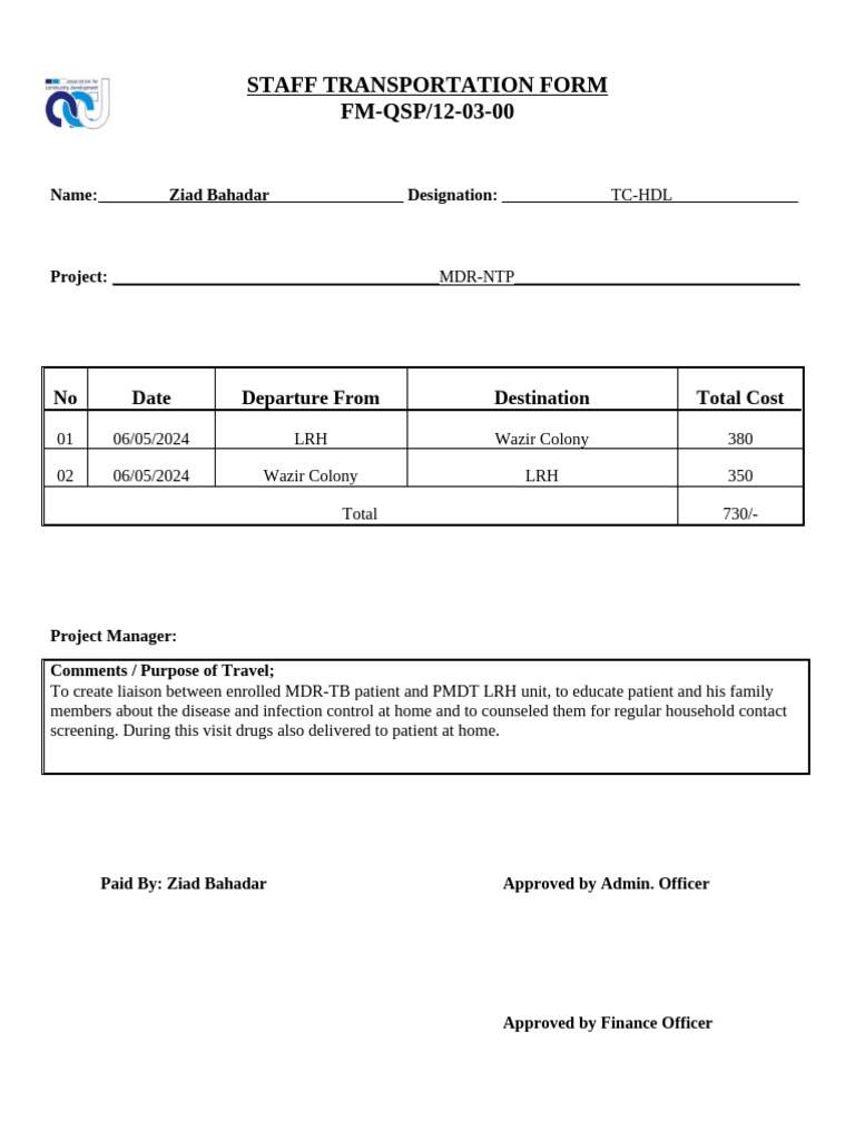 Staff Transportation Form May | PDF