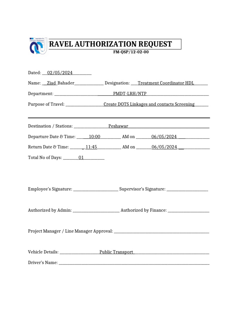 Travel Authorization Form May | PDF