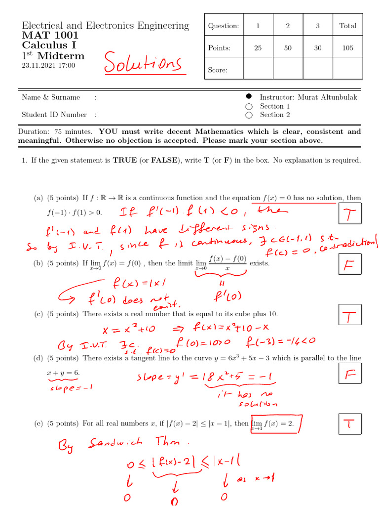 Mat1001 EE MT1-Solutions | PDF