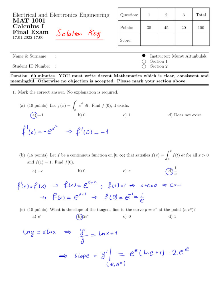 Mat1001 EE Final-Solutions | PDF