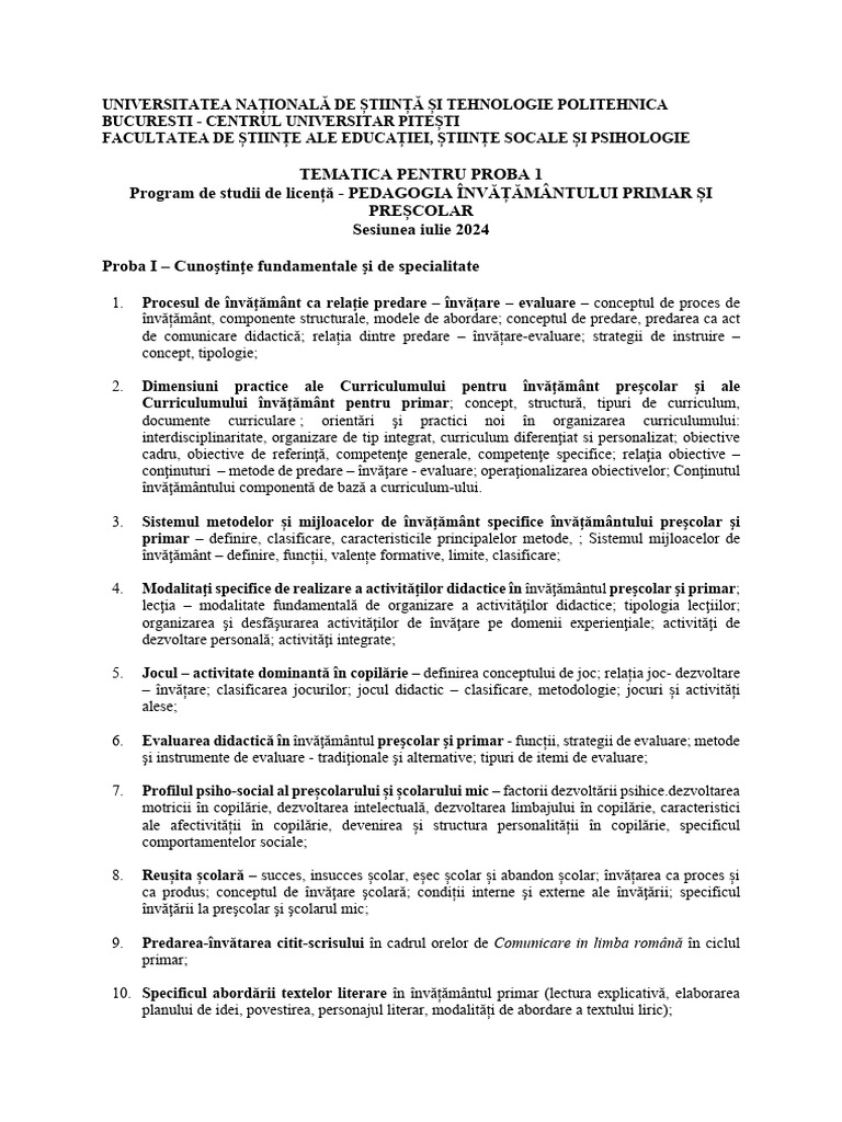 Tematica Finalizare Studii 2024 - PIPP | PDF