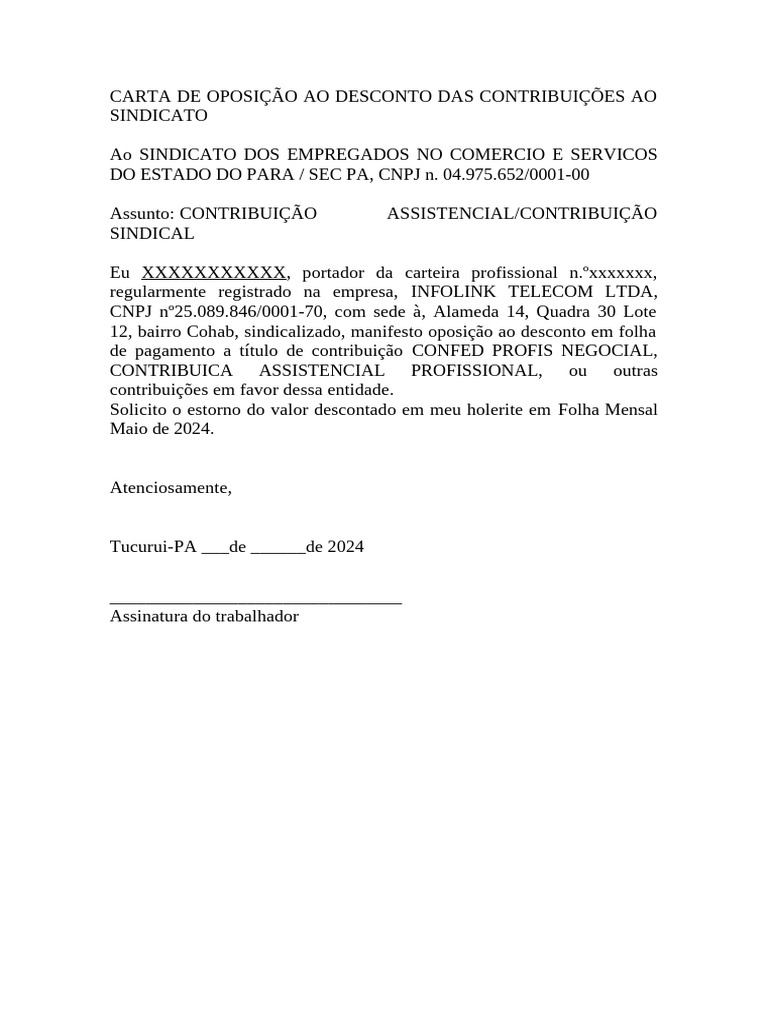 Modelo de Carta de Oposição Ao Desconto Das Contribuições Ao Sindicato ...