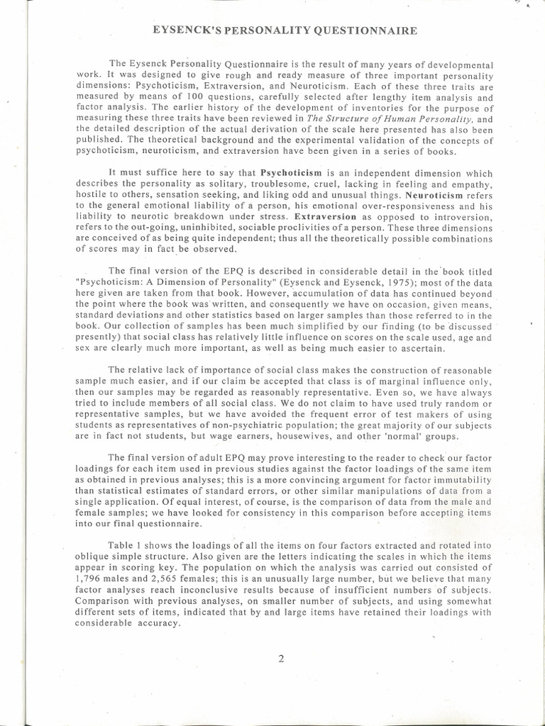 EPQ-R Introduction and Norms | PDF