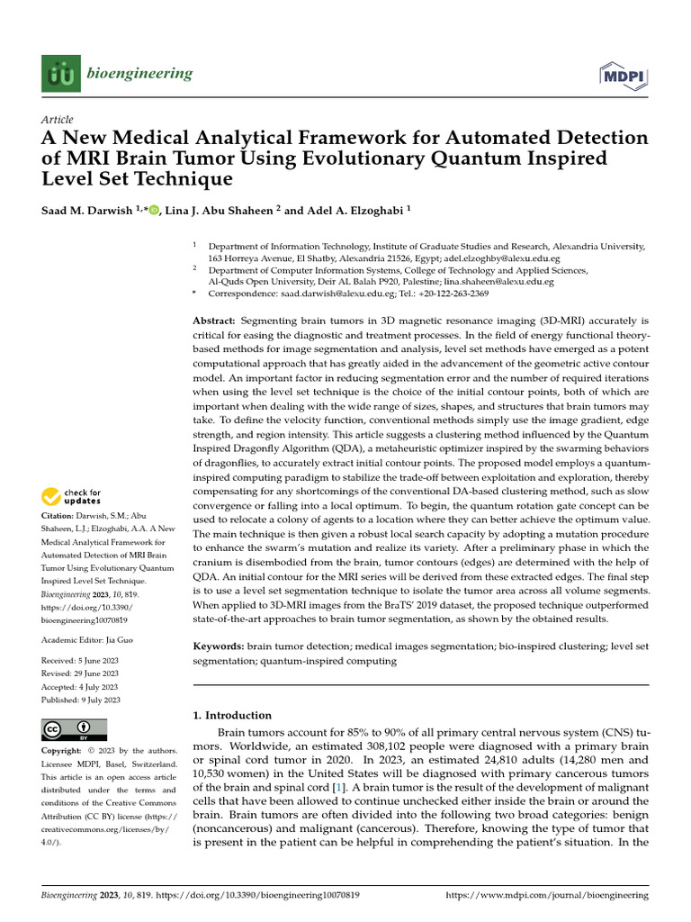 A New Medical Analytical Framework For Automated Detection of MRI Brain Tumor Using Evolutionary ...