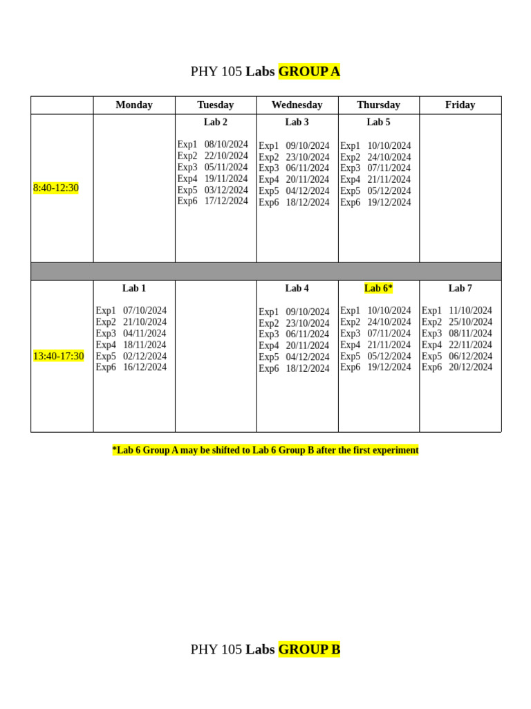 105 Lab Schedule 20241 | PDF