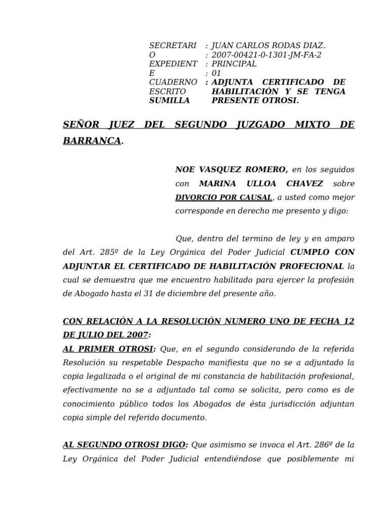 Adjunta Certificado de Habilitación y Se Tenga Presente Otrosi - Divorcio de Hecho | PDF ...