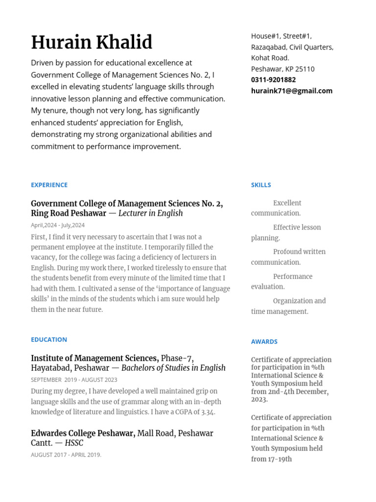 Resume-Hurain Khalid | PDF