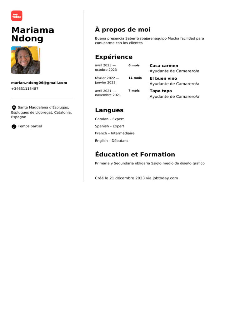 CV JOB TODAY de Mariama Ndong | PDF