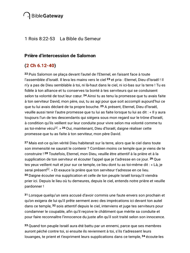 1 Rois 8-22-53 BDS - Prière D'intercession de Salomon (2 - Bible Gateway | PDF