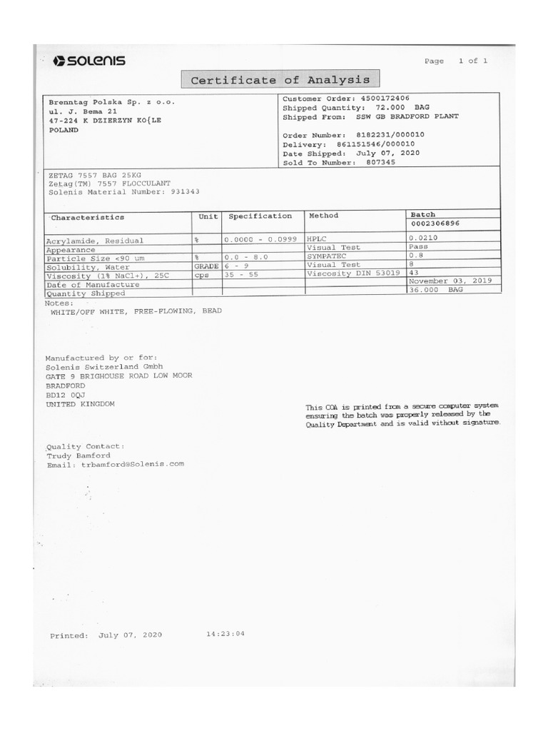 COA Zetag 7557 | PDF