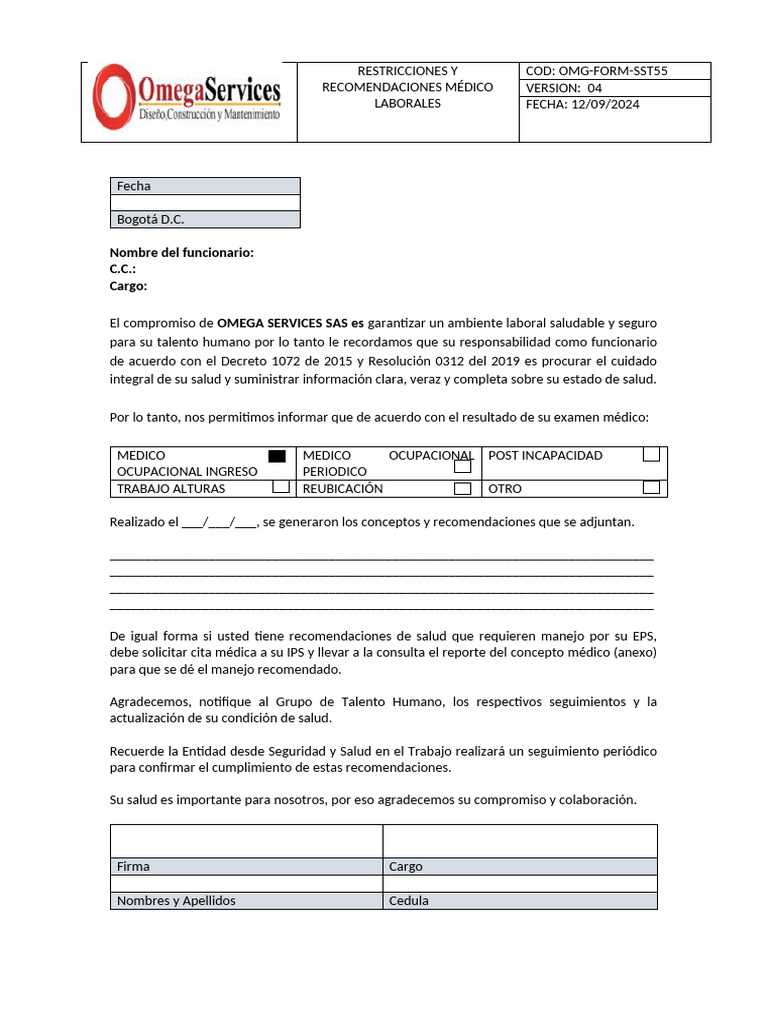 OMG-FORM-SST55 FORMATORECOMENDACIONES MEDICOS LABORALES (1) | PDF
