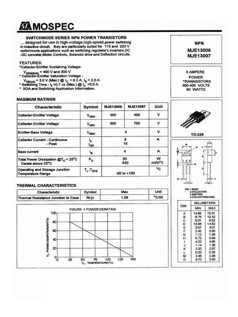 E13007 - Mospec Semi - Bipolar Transistor | PDF