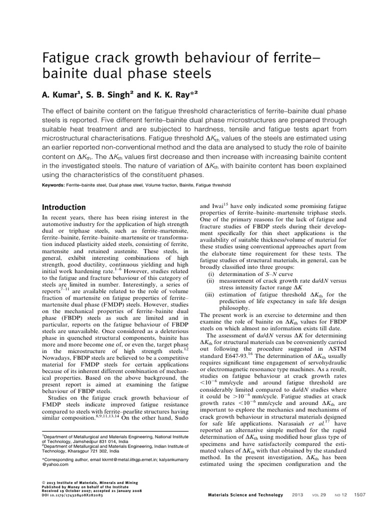 Fatigue crack growth behaviour of ferrite bainite DP phase steels | PDF