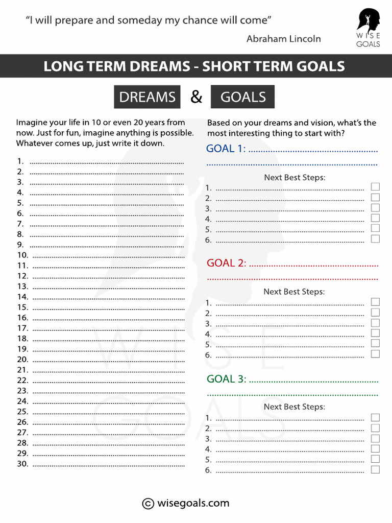 1.long Term Dreams Short Term Goals Worksheet HJW | PDF